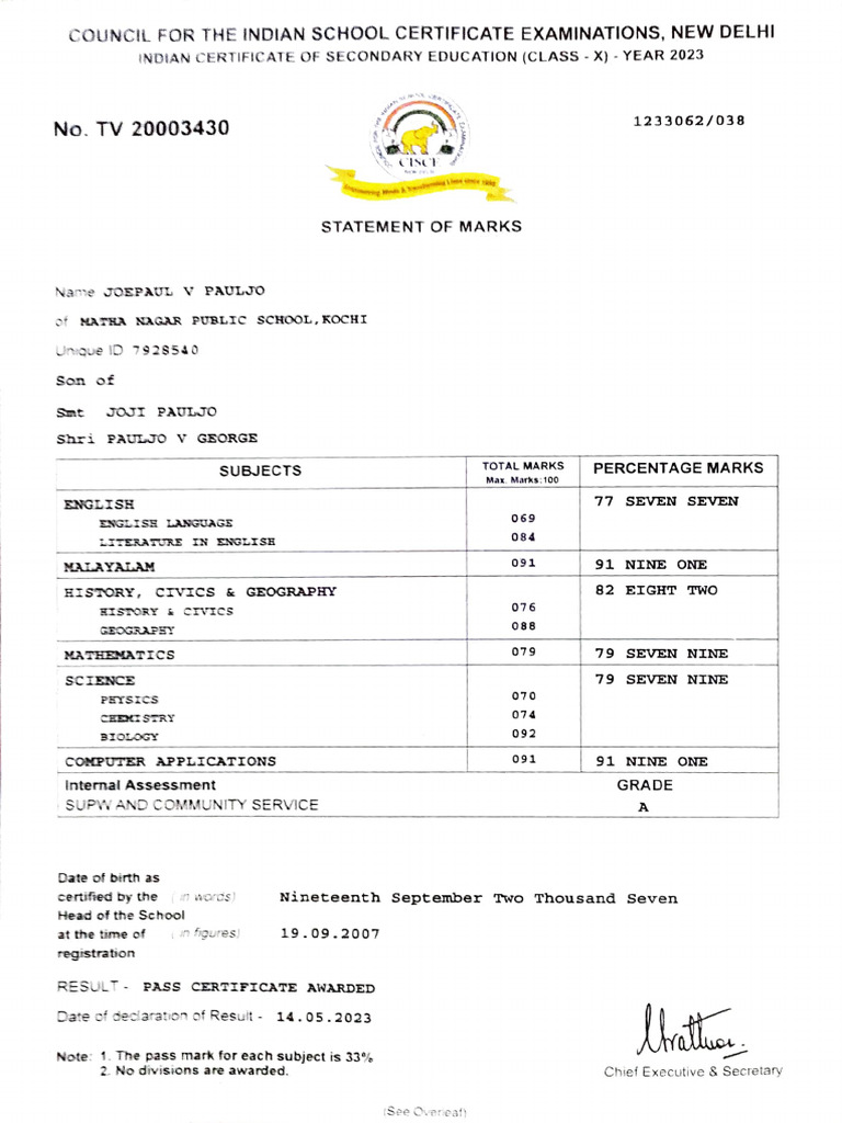 10th Marksheet | PDF