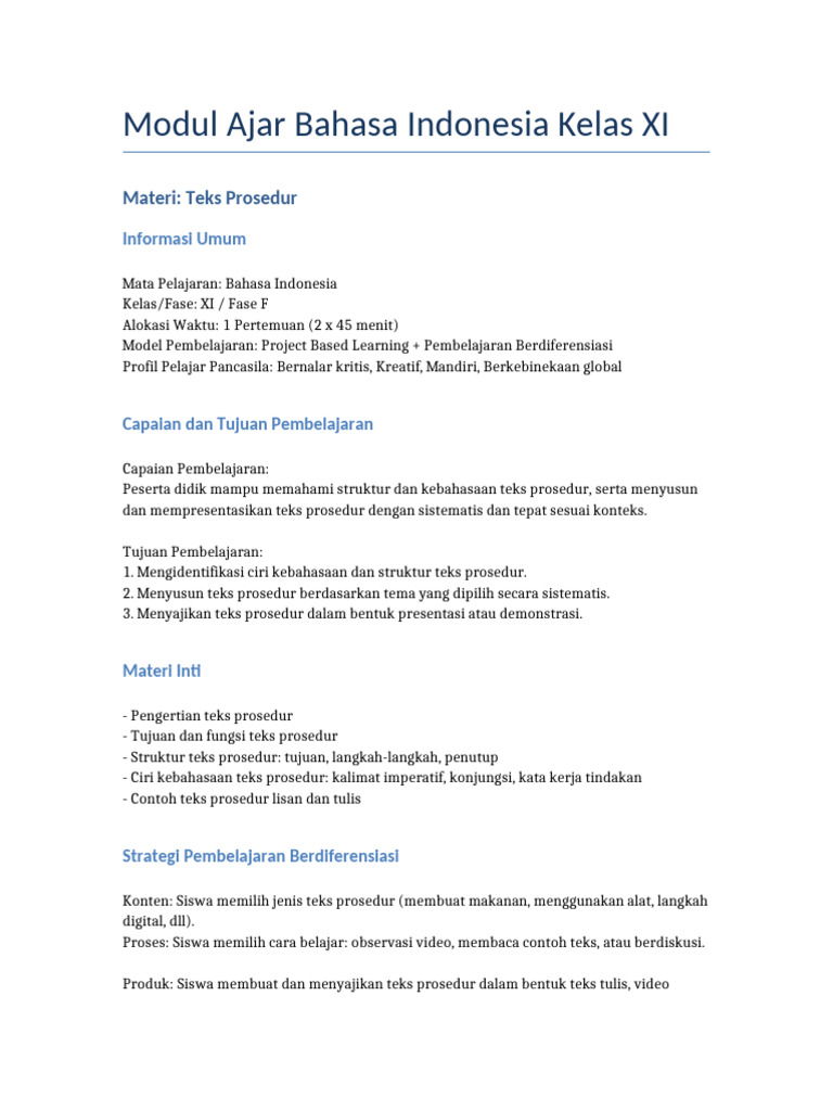 Modul Ajar Bahasa Indonesia Kelas XI Teks Prosedur | PDF