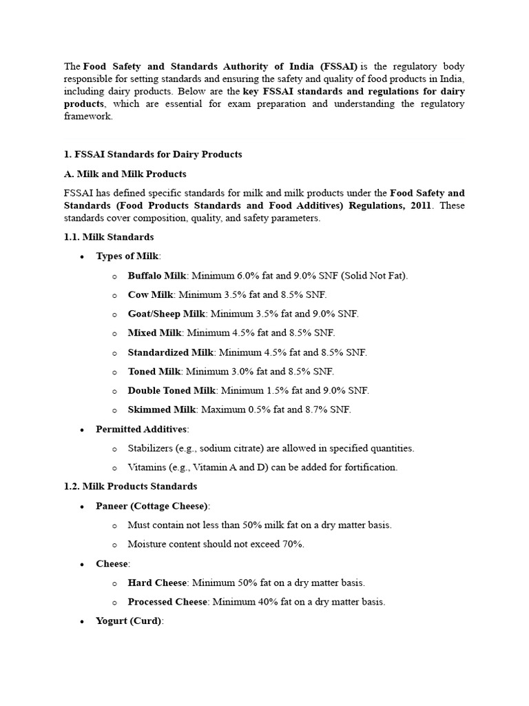 Unit V FSSAI Standards For Dairy Products | PDF | Milk | Dairy