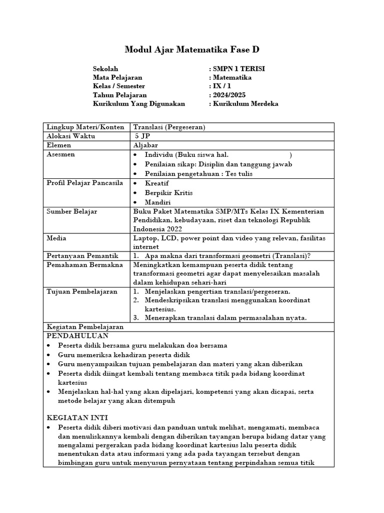 Modul Ajar Kelas 9-1 Transformasi Geometri | PDF
