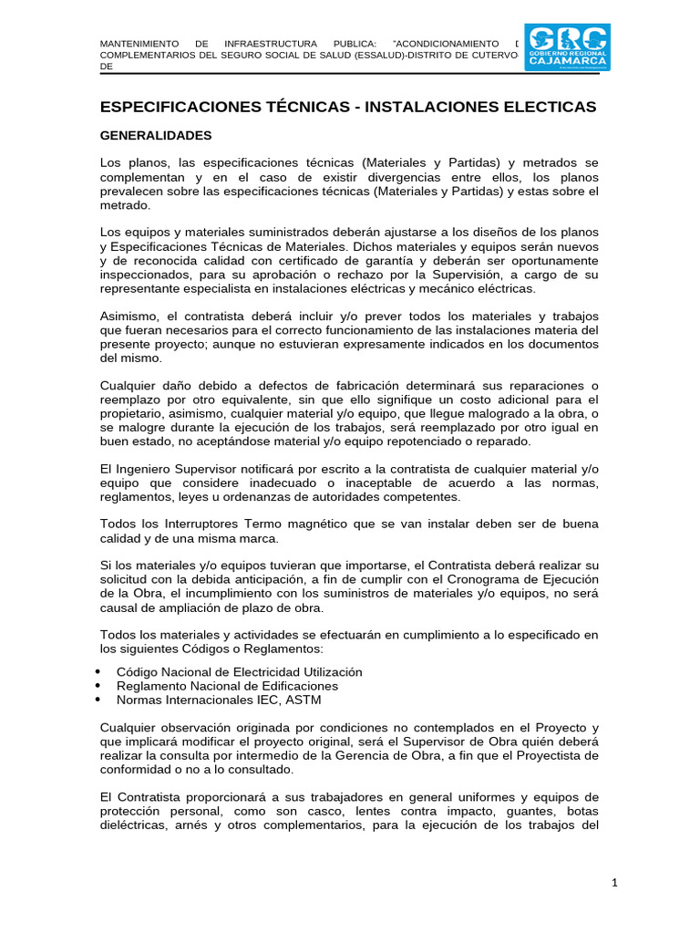 Especificaciones Tecnicas - Instalaciones Electricas | PDF | Aislador (Electricidad) | Conductor ...