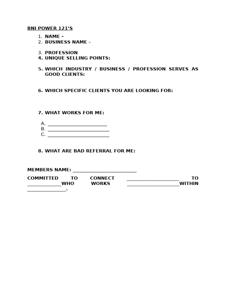 BNI Power 121 Worksheet Template | PDF