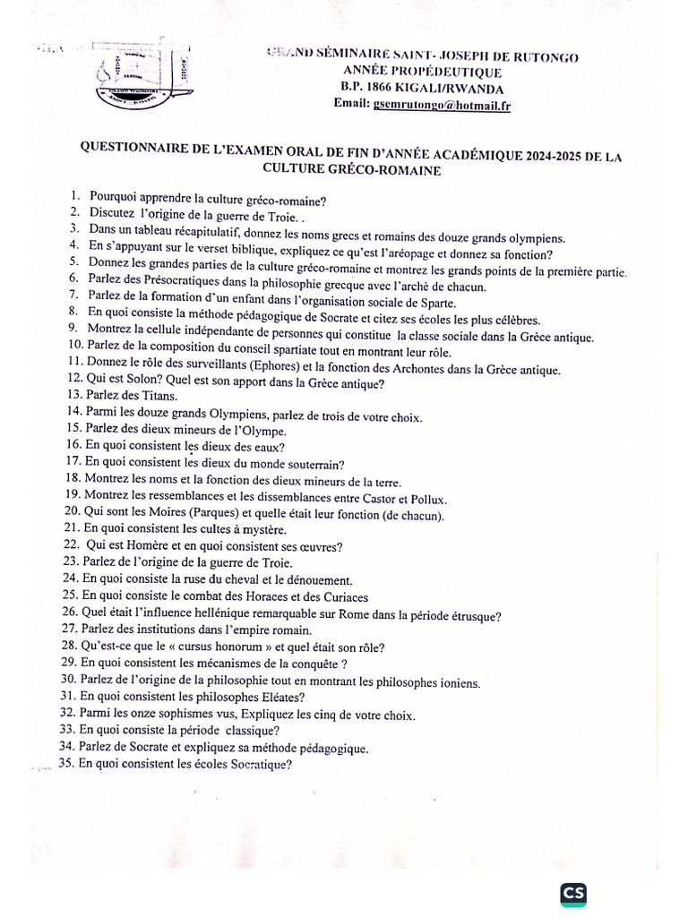 Gréco-Romain Oral Exam Model Questions 202425 | PDF