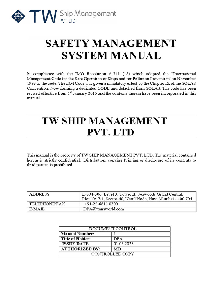 Ship Safety Management System Manual | PDF | Safety | Regulatory Compliance