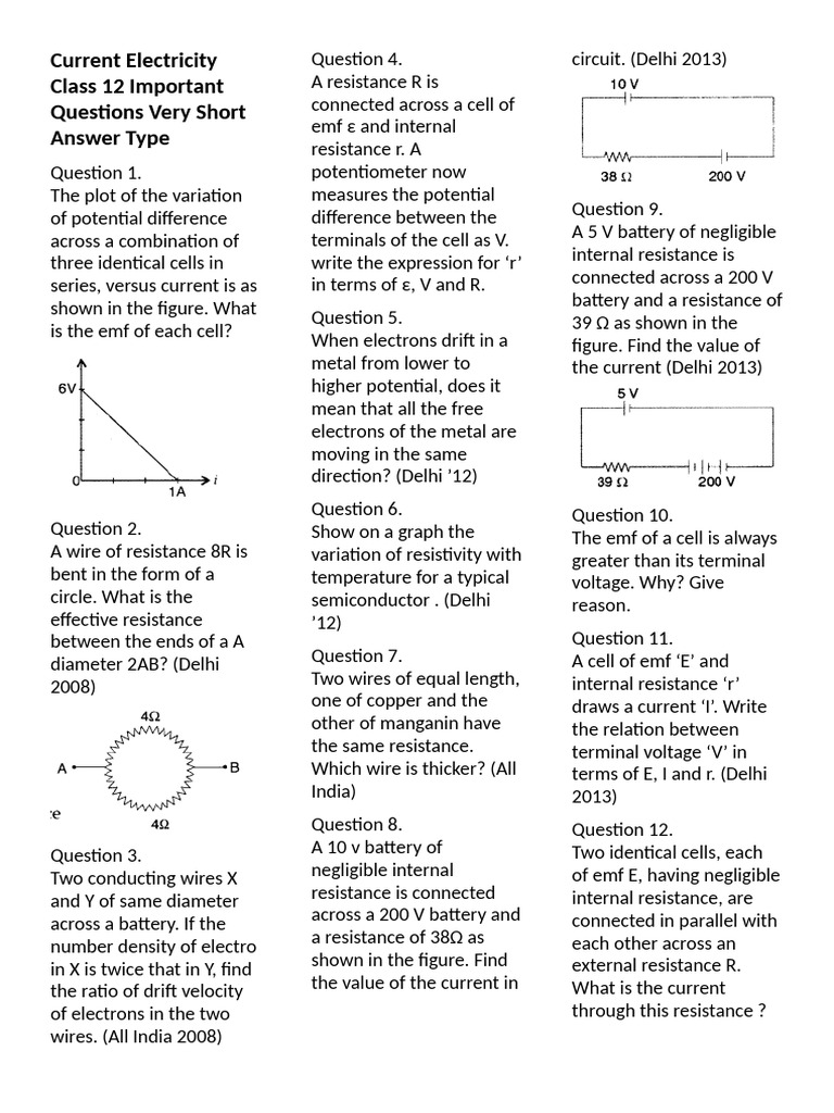 Current Electricity Class 12 Important Questions | PDF | Electric Current | Electrical ...