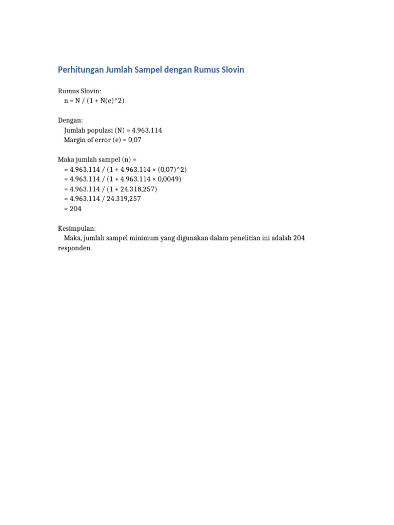 Perhitungan Sampel Slovin 7persen | PDF