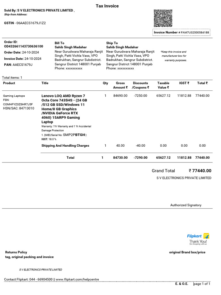 Invoice for Lenovo Gaming Laptop Purchase | PDF | Personal Computers ...