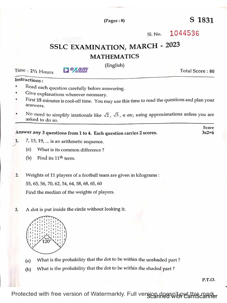 Maths 2023 Finel Exam Question Paper | PDF