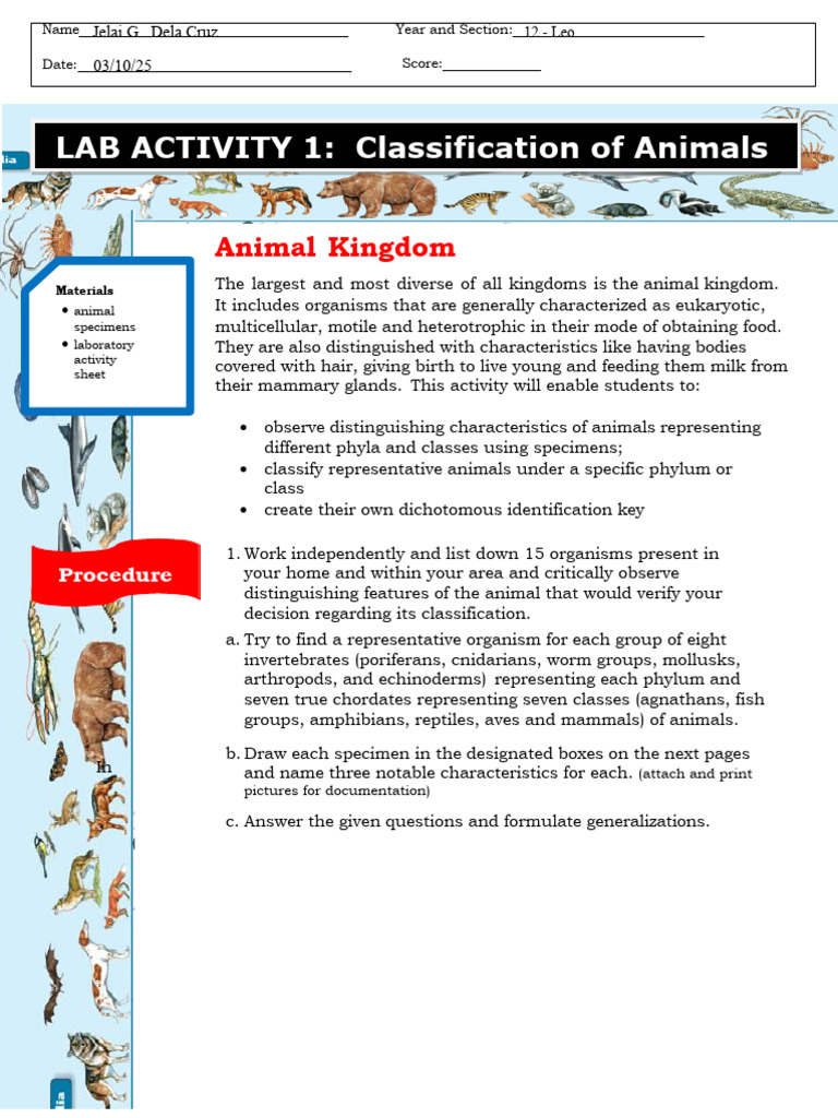 LAB ACTIVITY 1 Classification of Animals | PDF | Invertebrate | Vertebrates