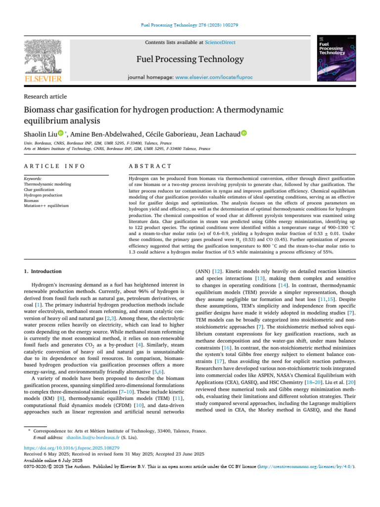 Biomass Char Gasification For Hydrogen Production - A Thermodynamic ...