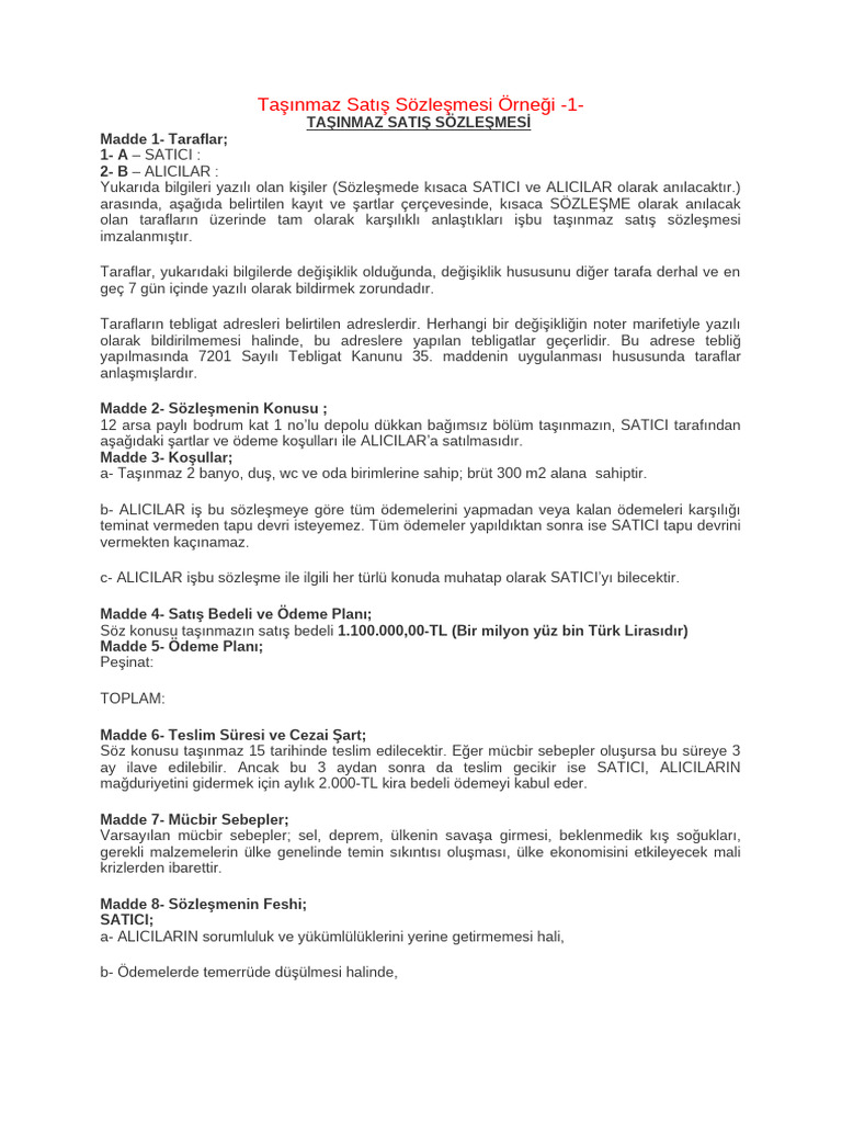 Tasinmaz Satis Sozlesmesi Ornegi | PDF