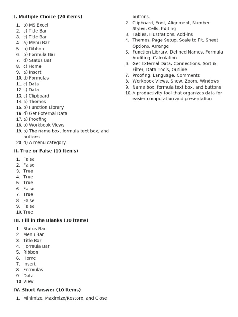 50-Item Test On Microsoft Excel - Answer Key | PDF