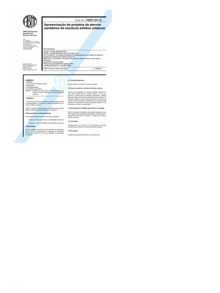 NBR 8419 - 1992 (Apresentacao de Projetos de Aterros Sanitarios) | PDF