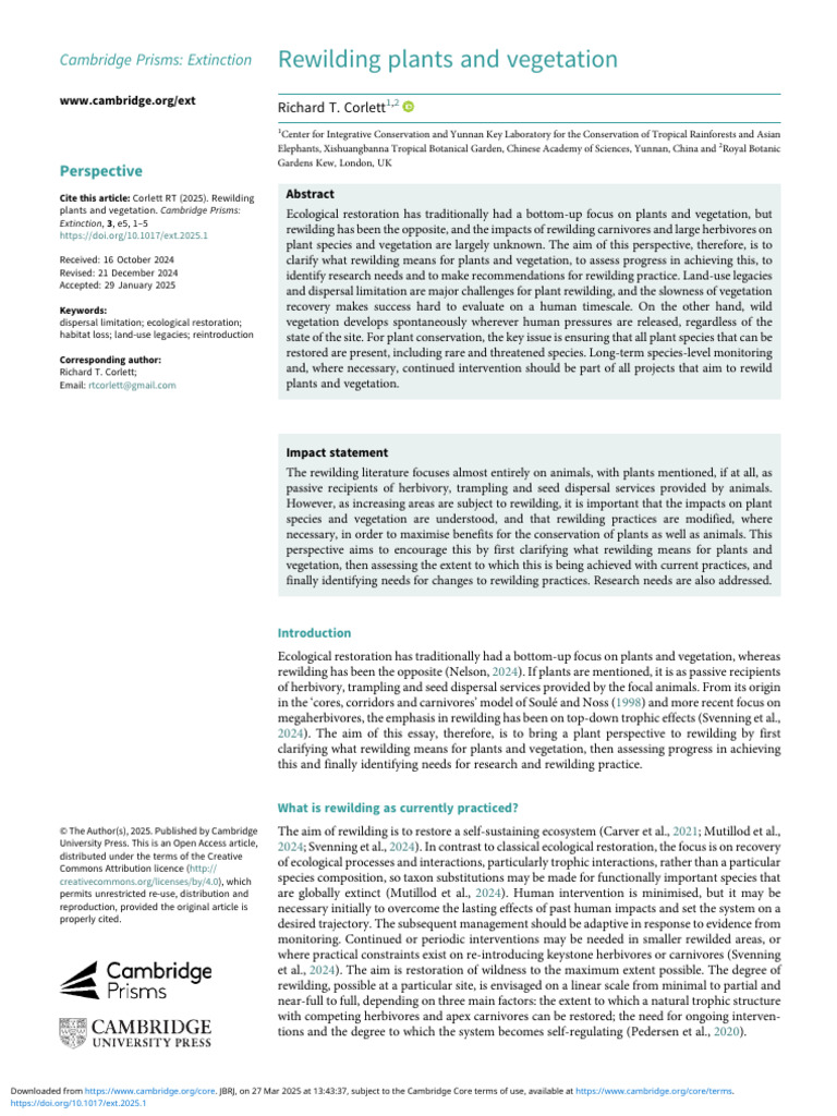 Rewilding-Plants-And-Vegetation Corlett 2025 | PDF | Herbivore | Plants