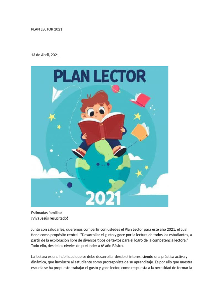 Ejemplo Plan Lector 2021 | PDF | Comprensión lectora | Ciencia cognitiva