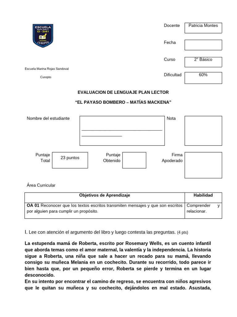Evaluación Sumativa - Lectura Domiciliaria 2° Básico - La Estupenda Mamá Roberta | PDF