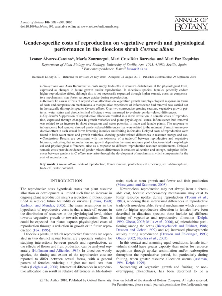 Gender-Specific Costs of Reproduction On Vegetative Growth and ...