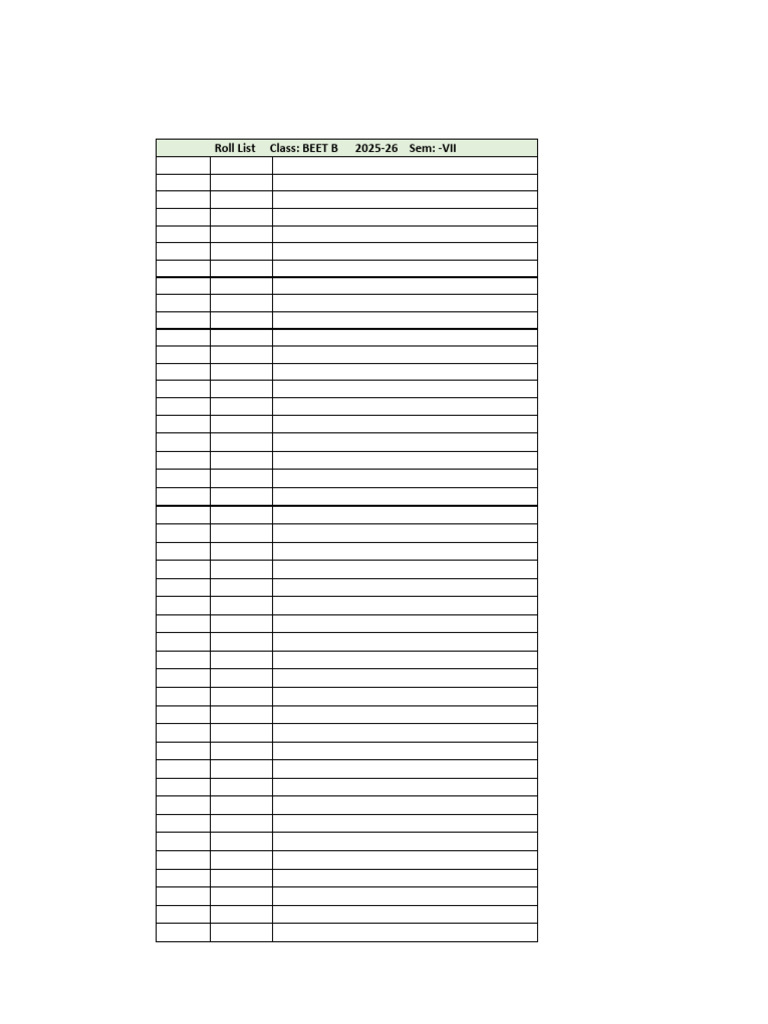 BEET B Roll List 2025-26 Sem VII | PDF
