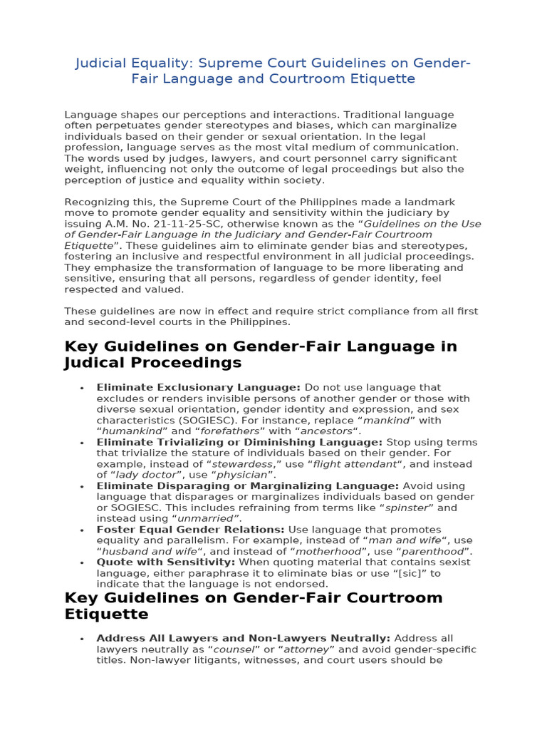 Judicial Equality Supreme Court Guidelines On Gender-Fair Language and ...