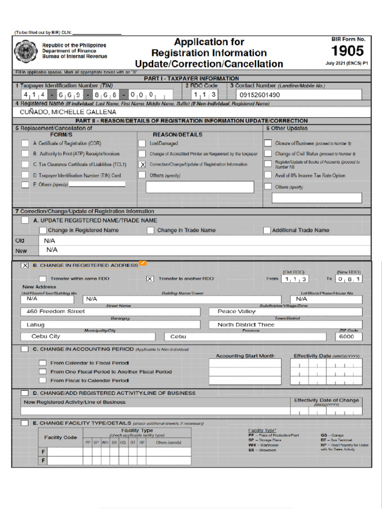 BIR 1905 - Request For RDO Transfer | PDF | Receipt | Invoice