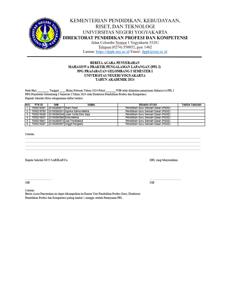 Berita Acara Penerjunan PPL-1 Gel.1 Tahun 2024-1-113-40-41-2 | PDF