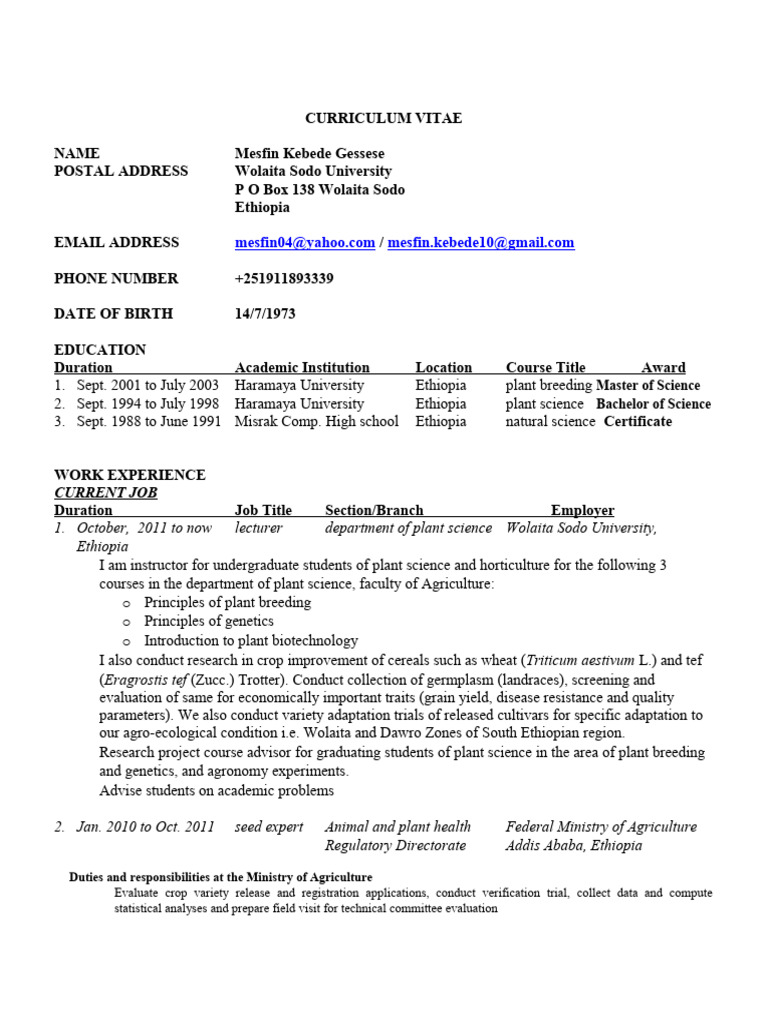 Mesfin Kebede Gessese CV | PDF | Plant Breeding | Wheat