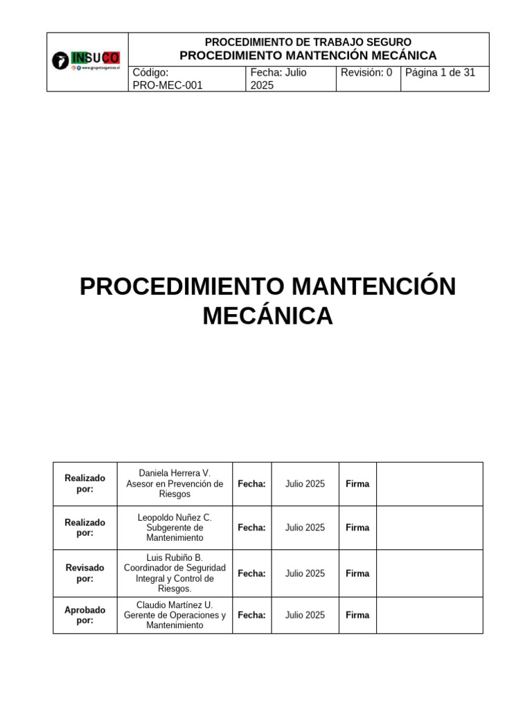 Procedimiento Mantención Mecánica | PDF | Residuos | Protector solar