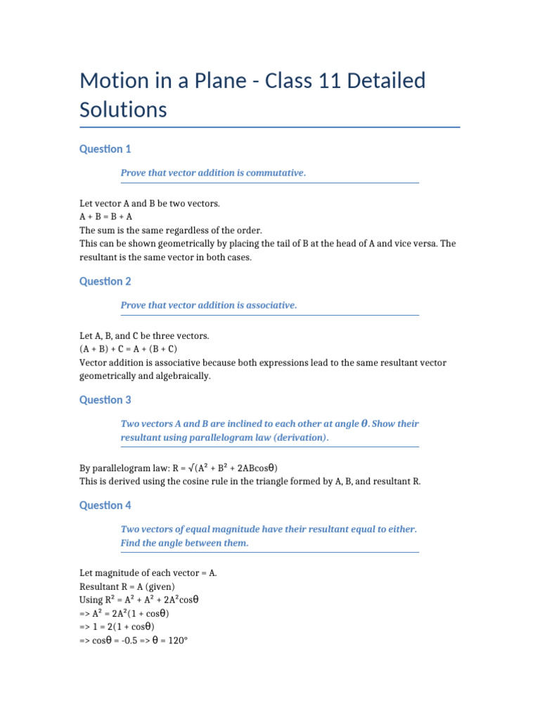 Vectors and Motion in a Plane Solutions | PDF | Euclidean Vector | Acceleration