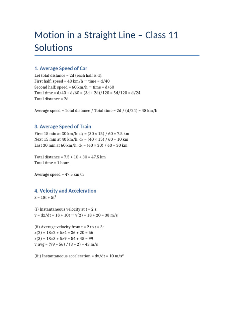 Motion in A Straight Line Class11 Solutions | PDF | Velocity | Speed