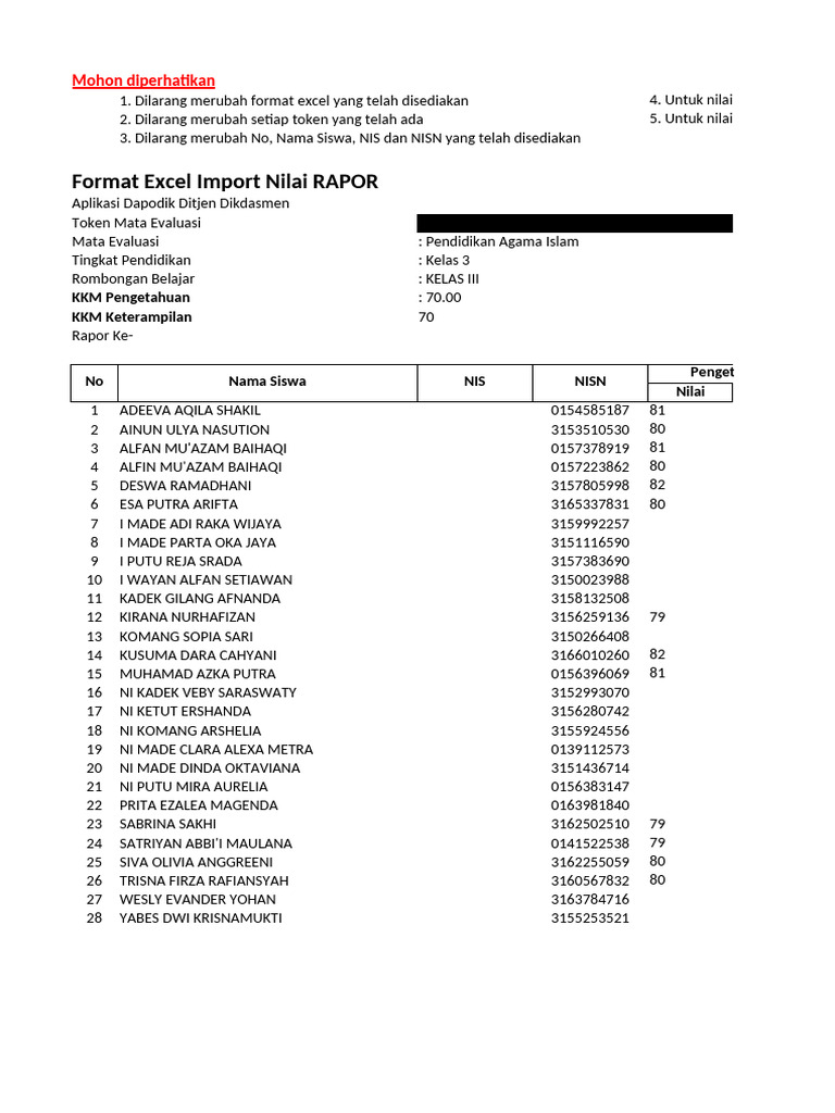 Panduan Format Excel Nilai RAPOR Kelas 3 | PDF