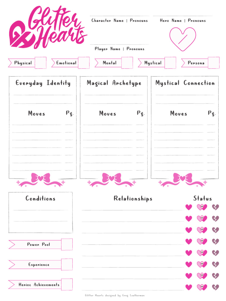 Glitter Hearts Character Sheet | PDF
