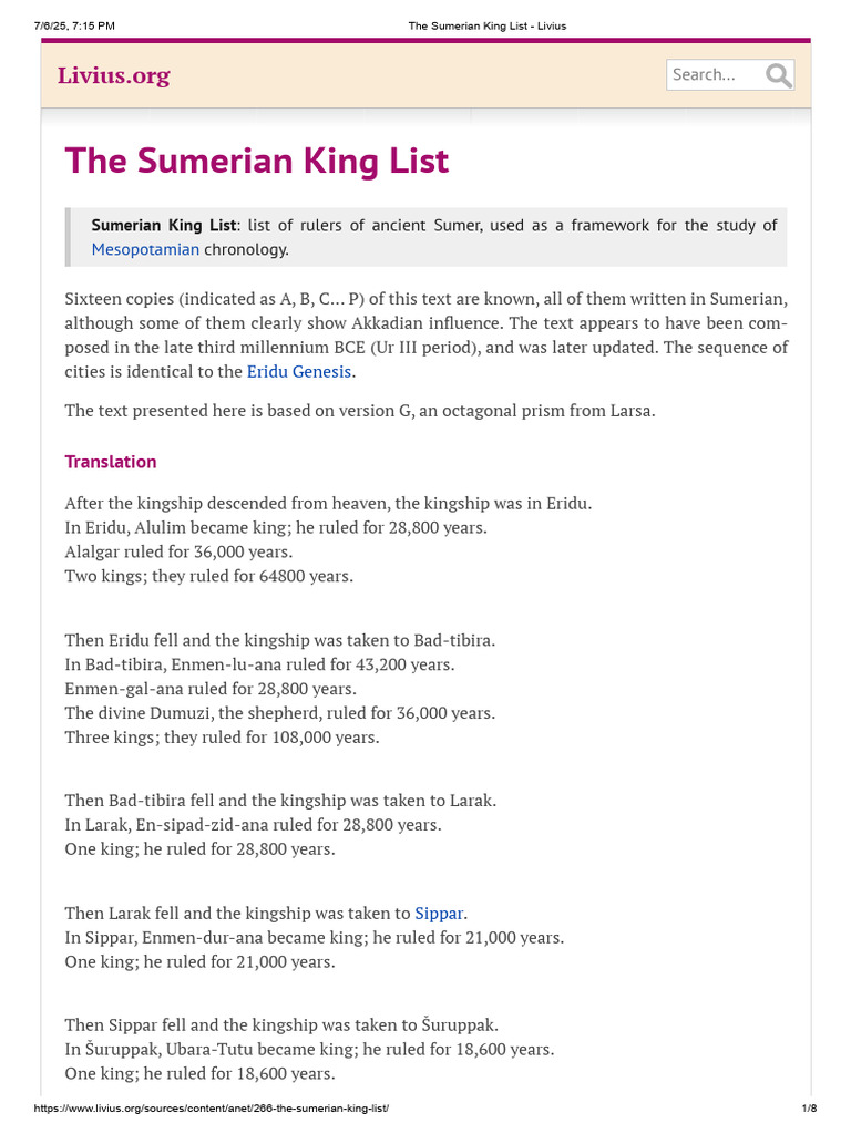 The Sumerian King List - Livius | PDF | Sumer | Ancient Peoples