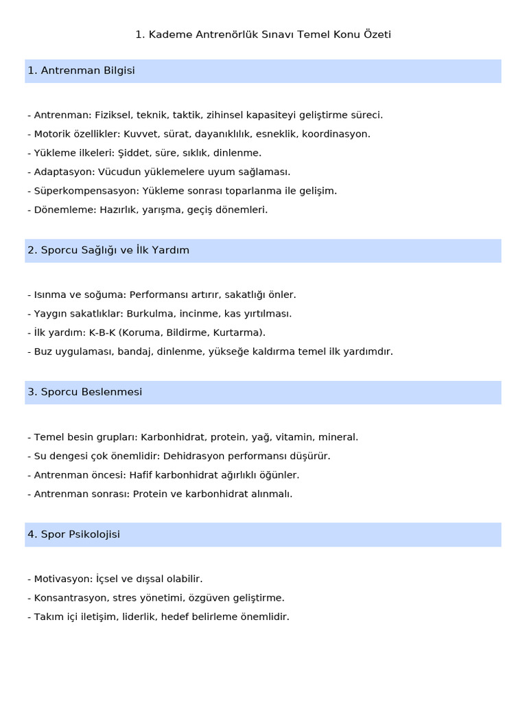 1 Kademe Antrenorluk Konu Ozeti | PDF