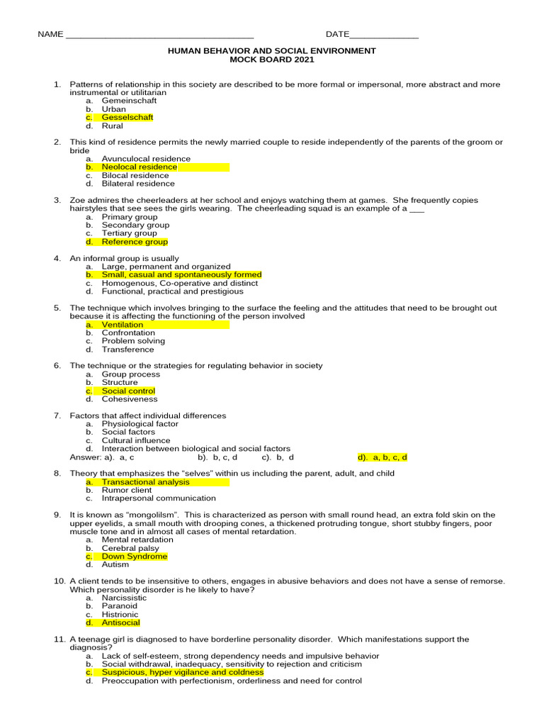 1 2021 LESW HBSE Final Mock Board Keyamswers | PDF | Deviance (Sociology) | Humanistic Psychology