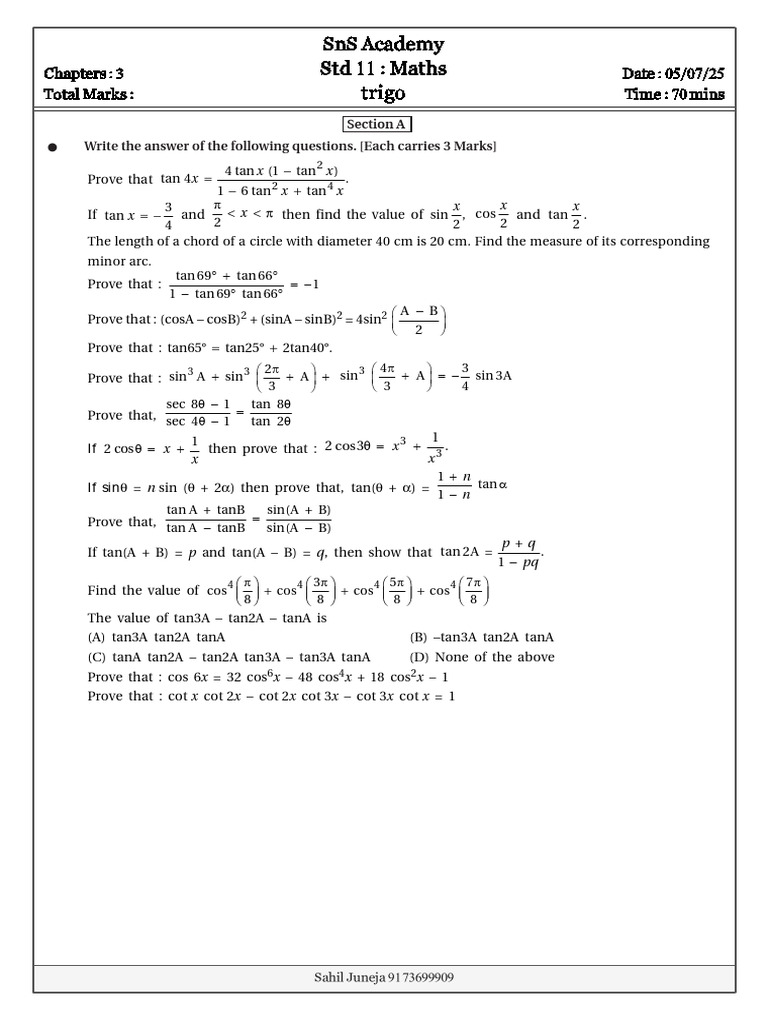 Trigonometry Question For Class 11 | PDF
