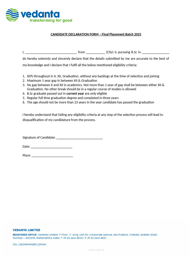 Candidate Declaration for B.Sc Eligibility | PDF