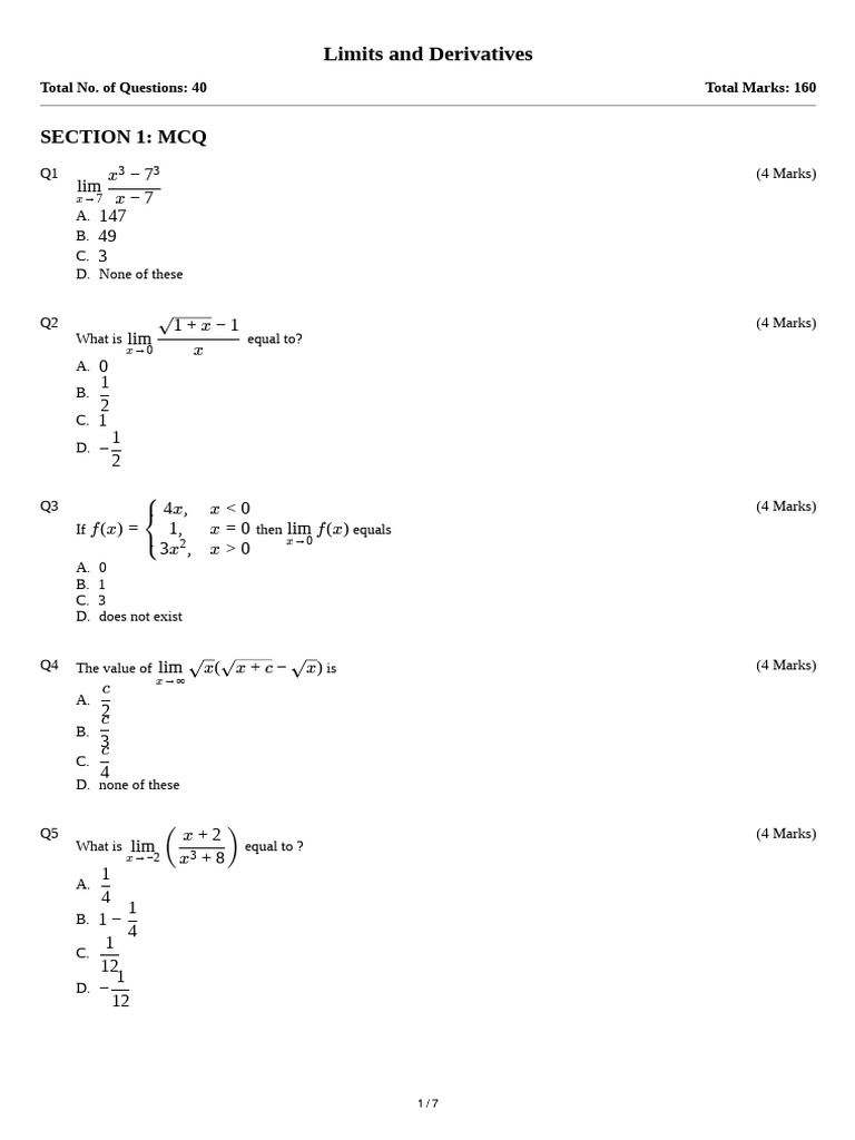 MCQs on Limits and Derivatives | PDF | Mathematics | Mathematical Objects