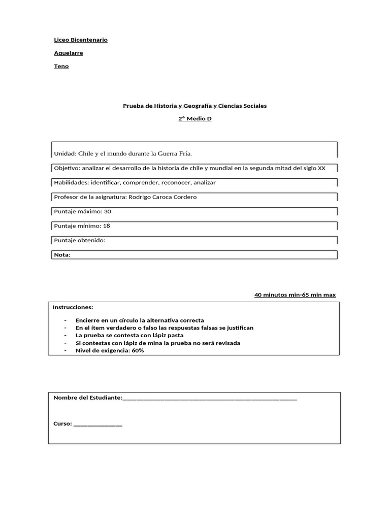 Prueba Conflitos Guerra Fria 2° D | PDF | Guerra Fría | Comunismo