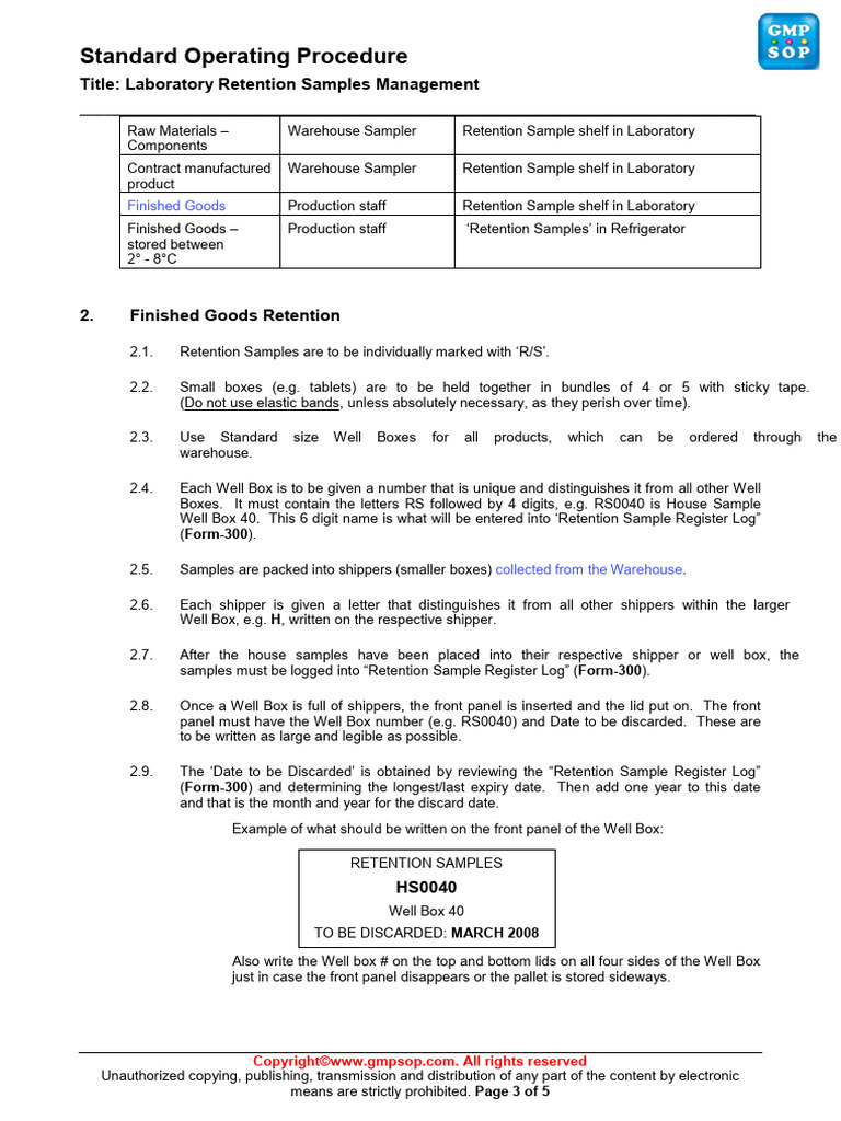 LAB 045 Laboratory Retention Samples Management Sample | PDF
