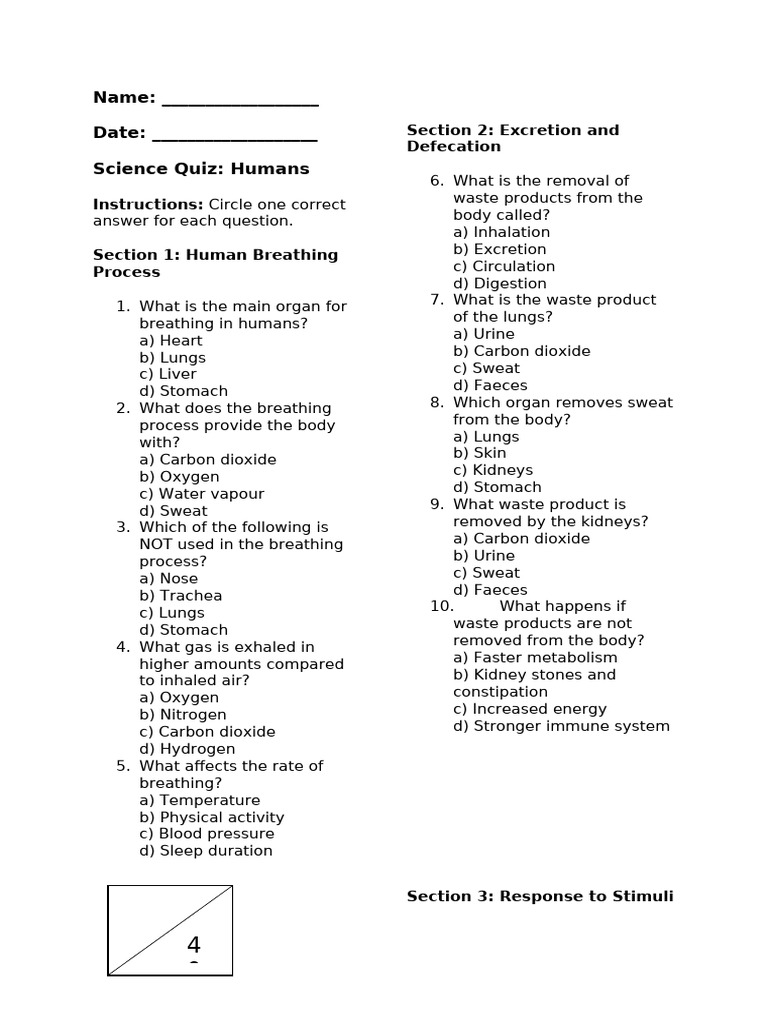Human Biology Quiz: Breathing & Response | PDF | Breathing | Stimulus ...