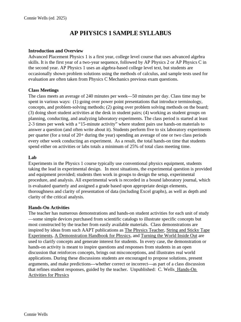 AP Physics 1 Sample Syllabus 2025 | PDF | Newton's Laws Of Motion | Force