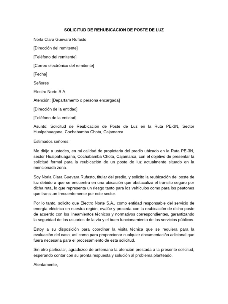Solicitud Reubicacion Poste Luz | PDF