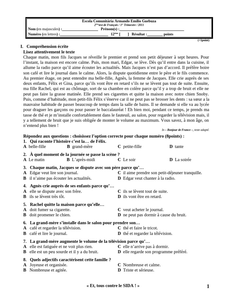 Test de Français 12ème - 1er Trimestre | PDF | Repas
