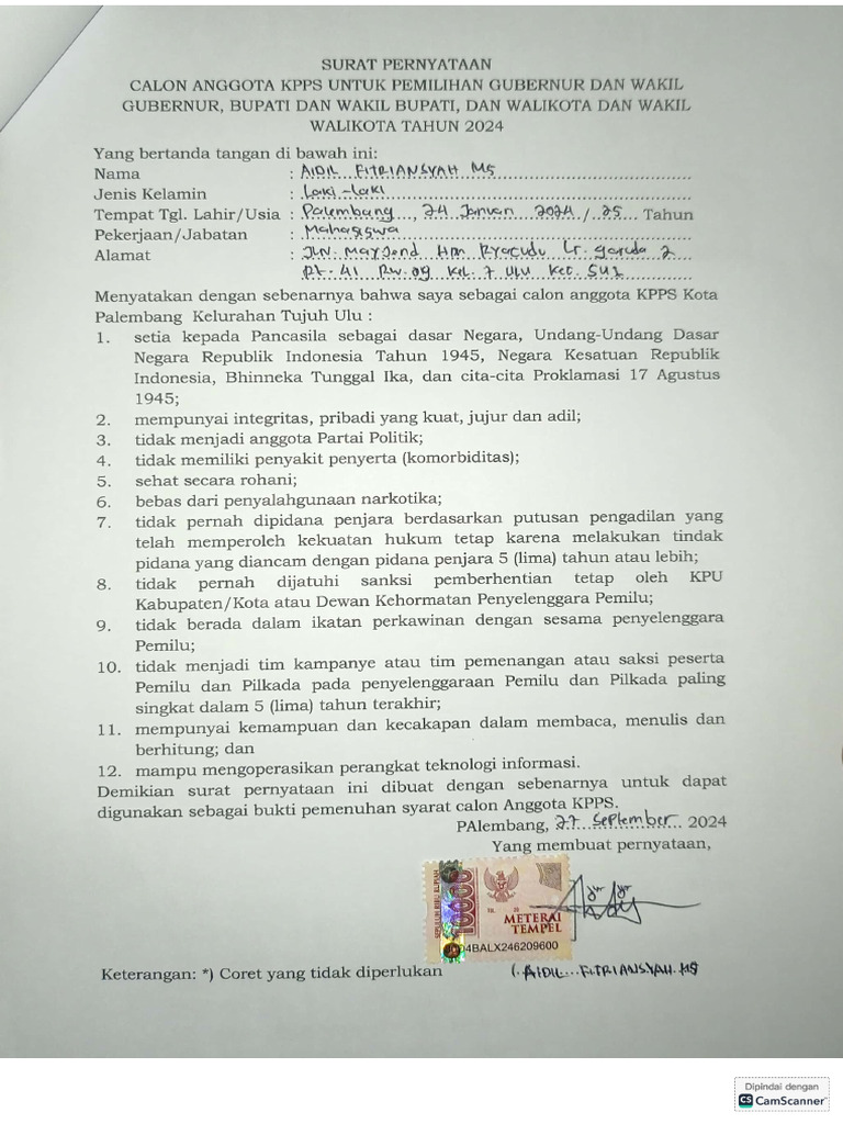 Surat Pernyataan KPPS | PDF