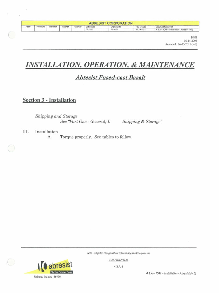 Installation, Operation, & Maintenance Abresist Fused-Cast Basalt | PDF | Joining