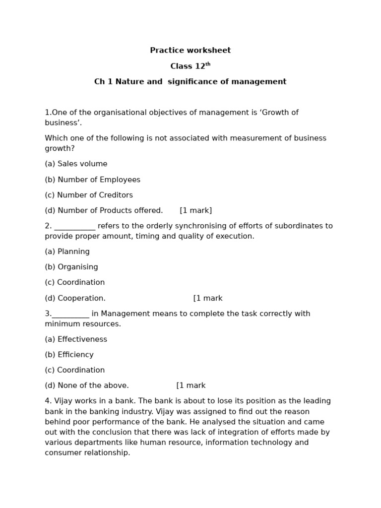 Class 12th Business Studies Worksheet CH 1 | PDF | Business Economics ...