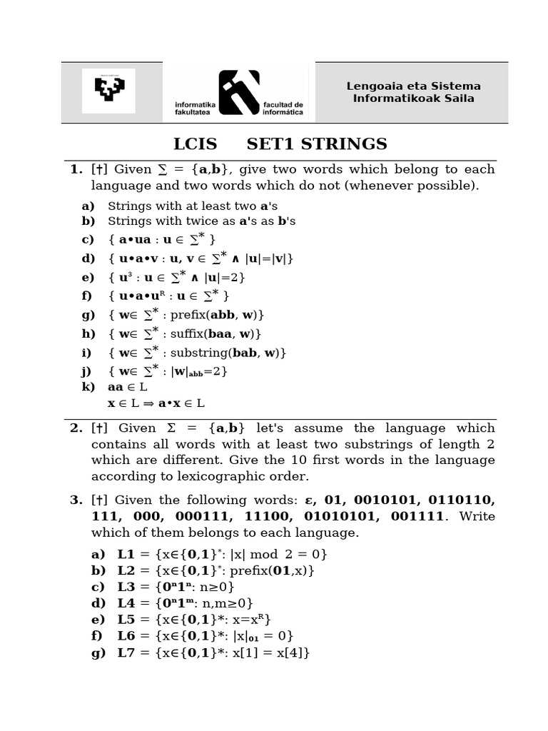 LCIS_ProblemSet1-Strings.odt | PDF | String (Computer Science) | Formalism (Deductive)