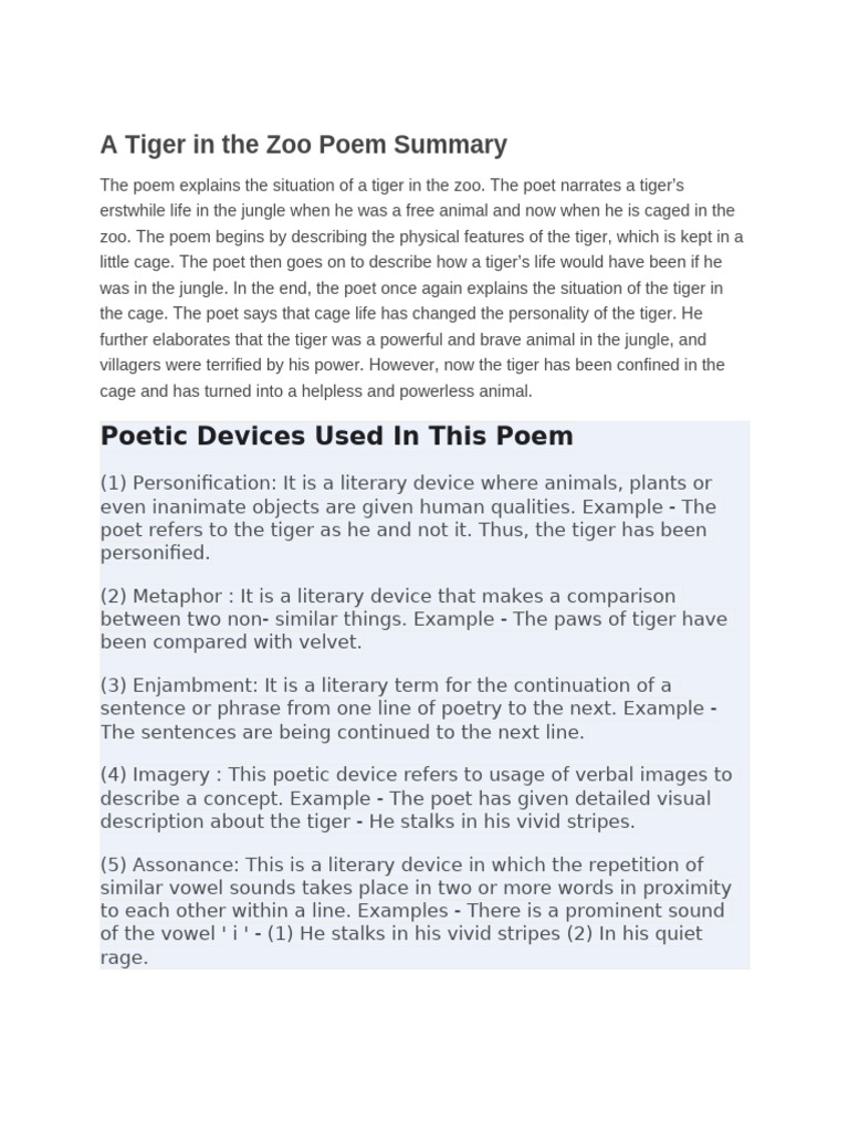 Poetic Devices in "A Tiger in the Zoo" | PDF | Tiger | Zoo