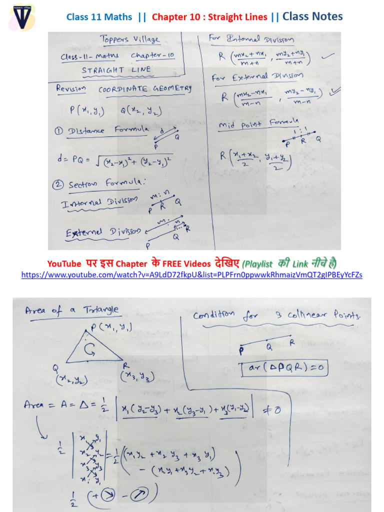 Class Notes Class 11 Maths CHAPTER 10 Straight Lines Toppers Village | PDF