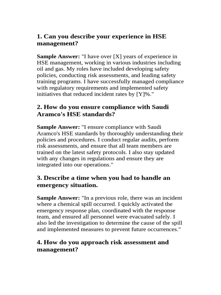 HSE Interview Questions and Sample Answers | PDF | Regulatory ...